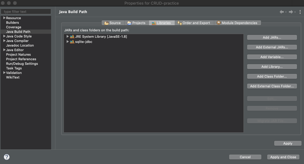 SQLite + JDBC + CRUD